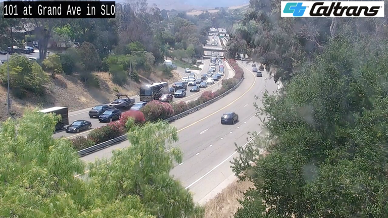 Cars stuck in bumper-to-bumper traffic on Highway 101 through SLO. Here ...