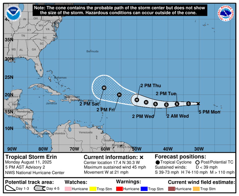 Forecast shows Tropical Storm Erin will hit Puerto Rico as hurricane: Live