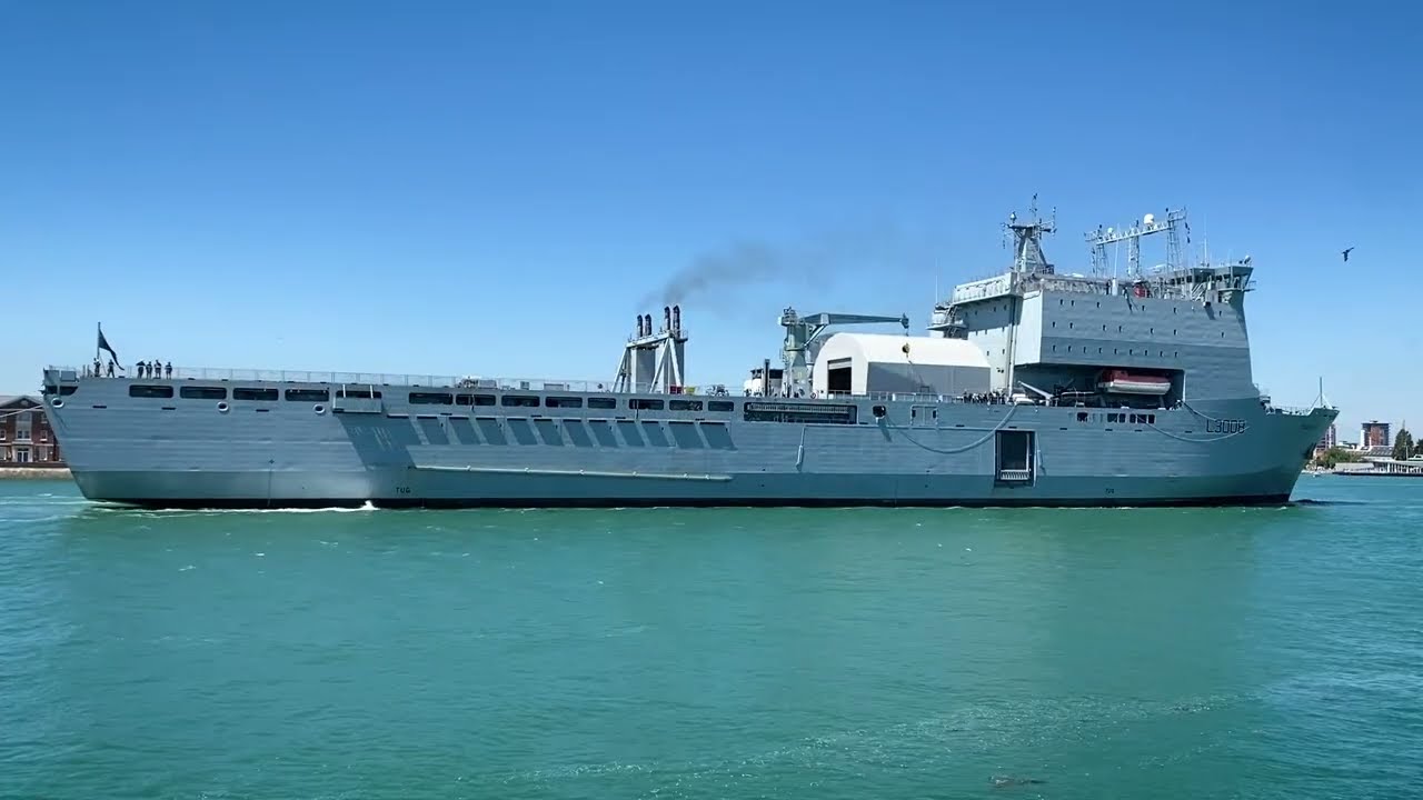 Bay-class support ship RFA Mounts Bay at HMNB Portsmouth