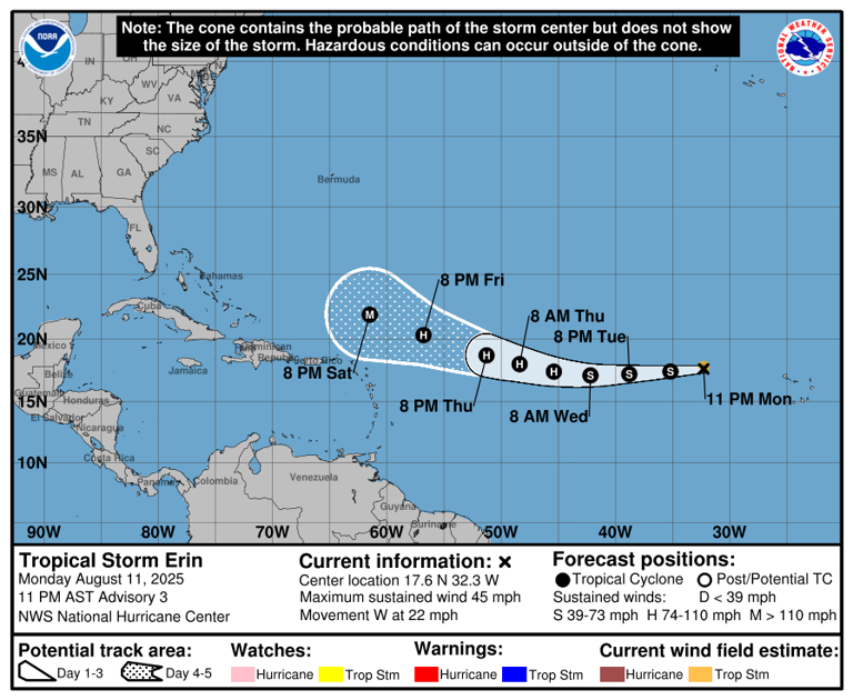Forecast shows Tropical Storm Erin will hit Puerto Rico as hurricane: Live