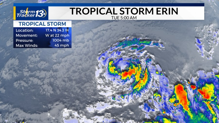 Tropical Storm Erin speeding across tropical Atlantic