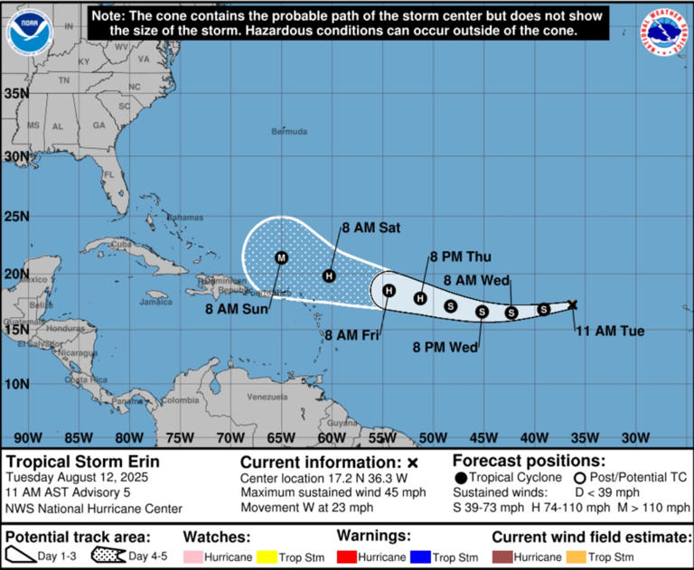 Tropical Storm Erin update as chances of US landfall increase