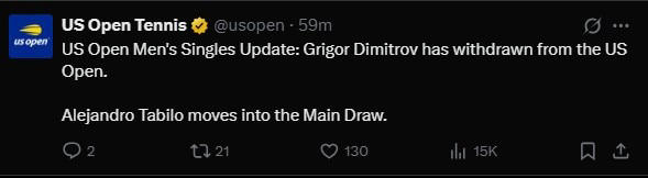 US Open 2025: Grigor Dimitrov pulls out of tournament with injured ...