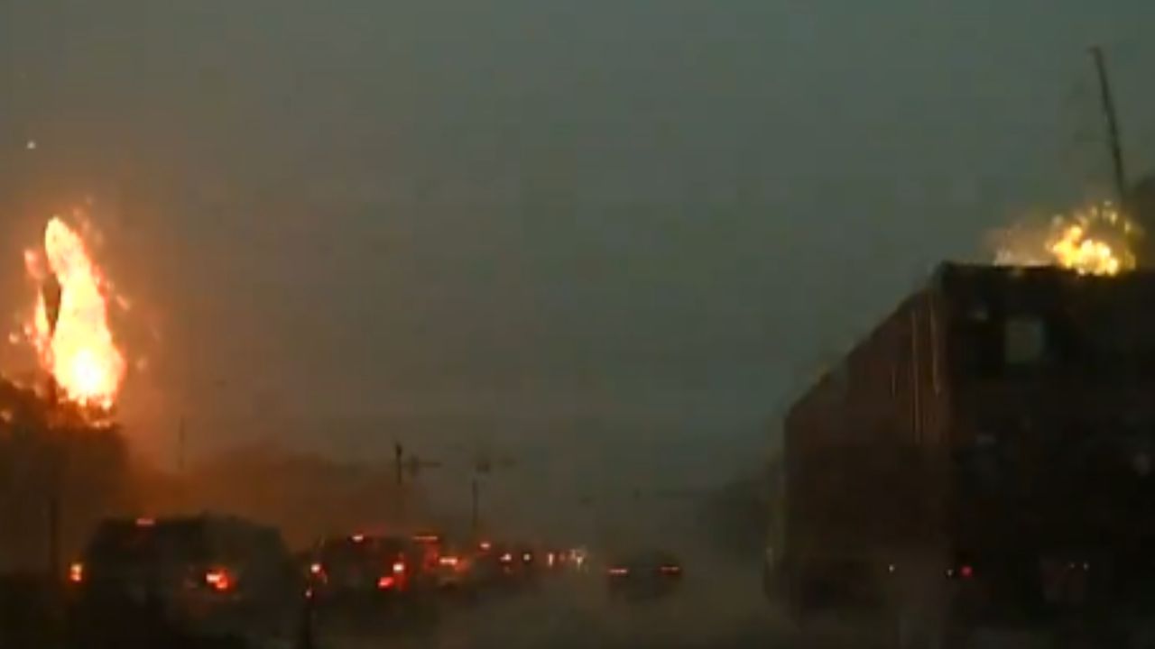 Video: Lightning Strikes Pole and Launches Fireball at Drivers During Storm