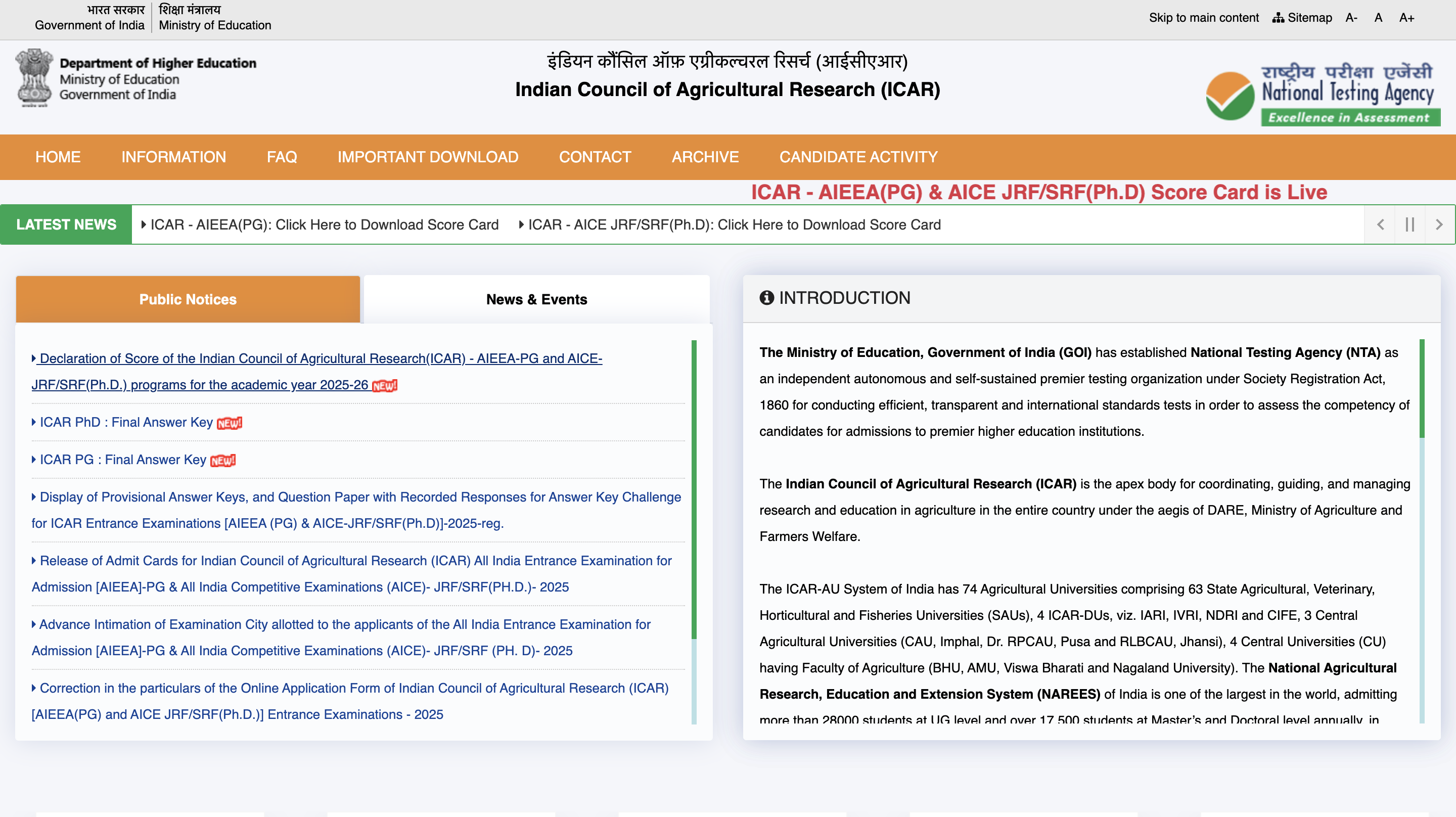 ICAR AIEEA PG, AICE JRF/SRF PhD results 2025 out at exams.nta.ac.in/ICAR: Direct link to ...