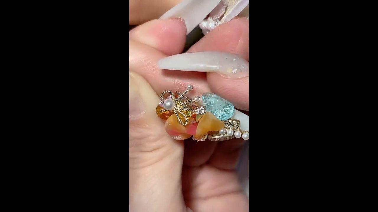 Satisfyingly Making 3D Glittery Gold Flower With Glamour Diamond Nail Art
