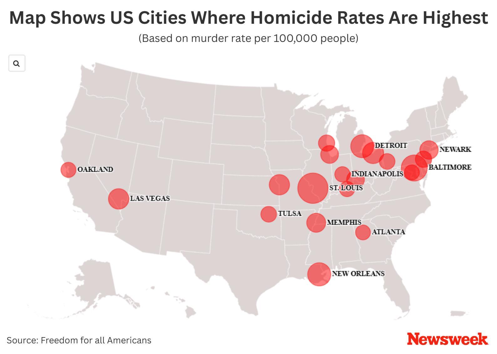 Map shows US cities where homicide rates are highest