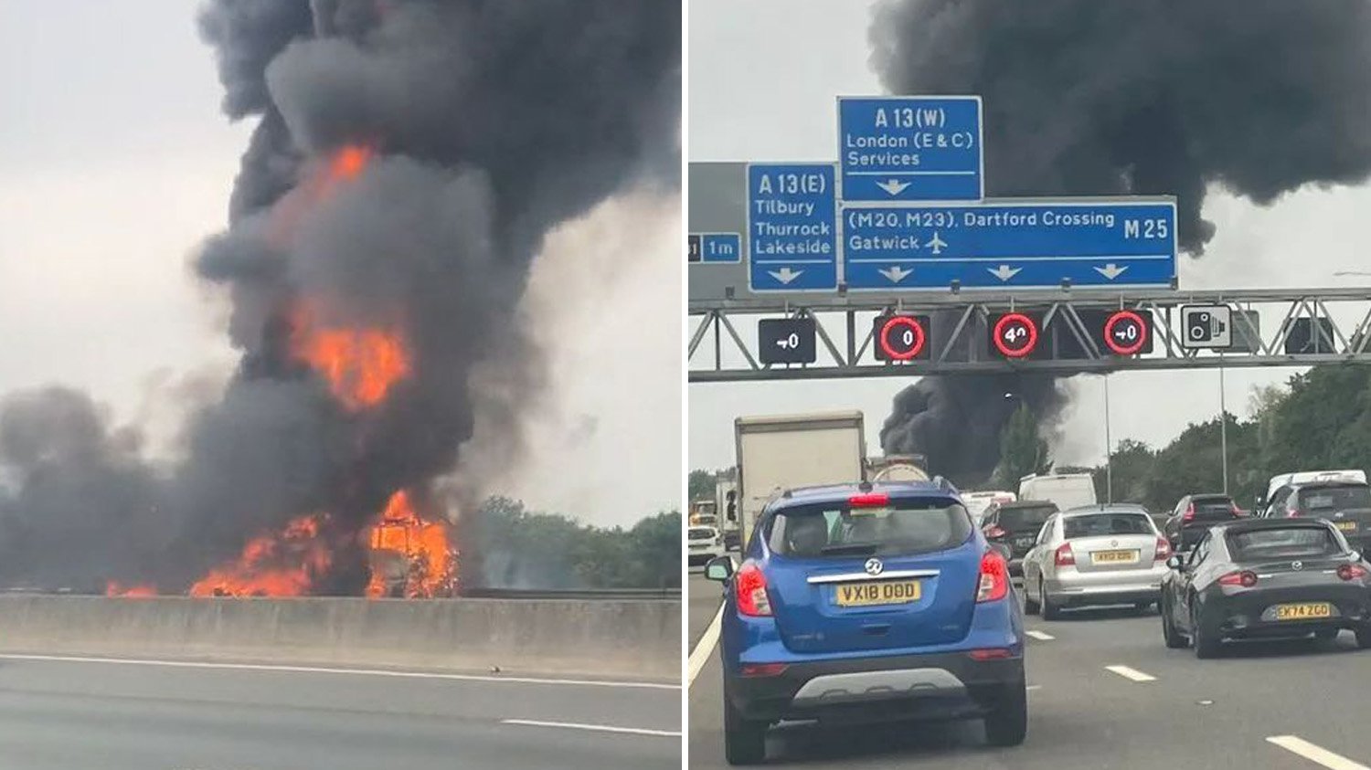 M25 shut near Lakeside as lorry fire causes chaos