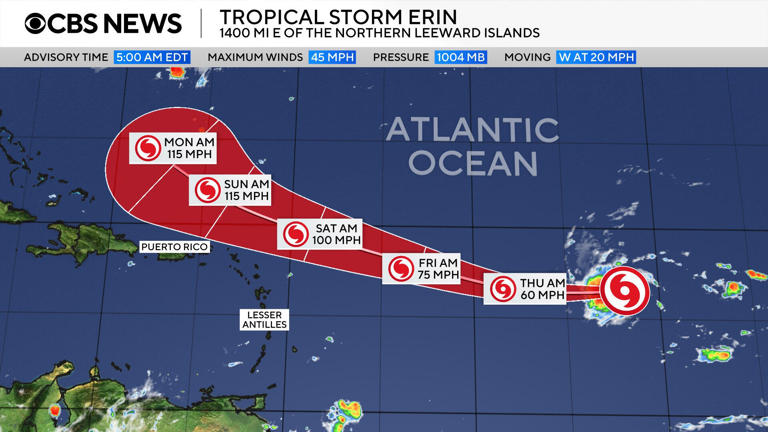 Tropical Storm Erin likely to become Atlantic season's first hurricane