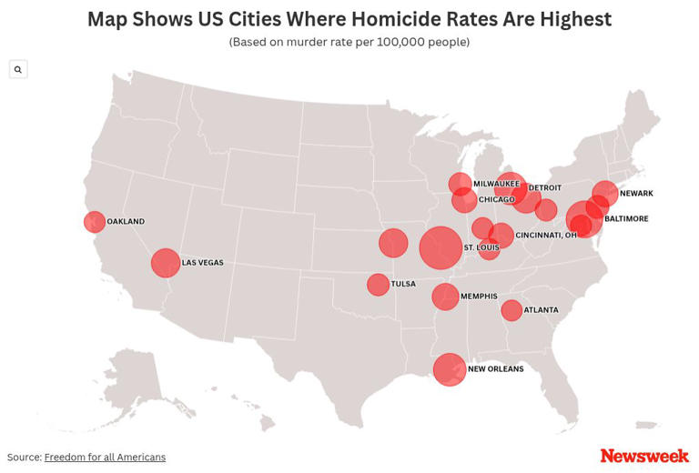 Map shows US cities where homicide rates are highest