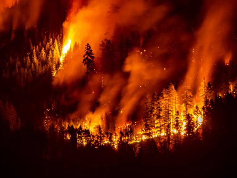Massive fire burns on mountain near western Canada city