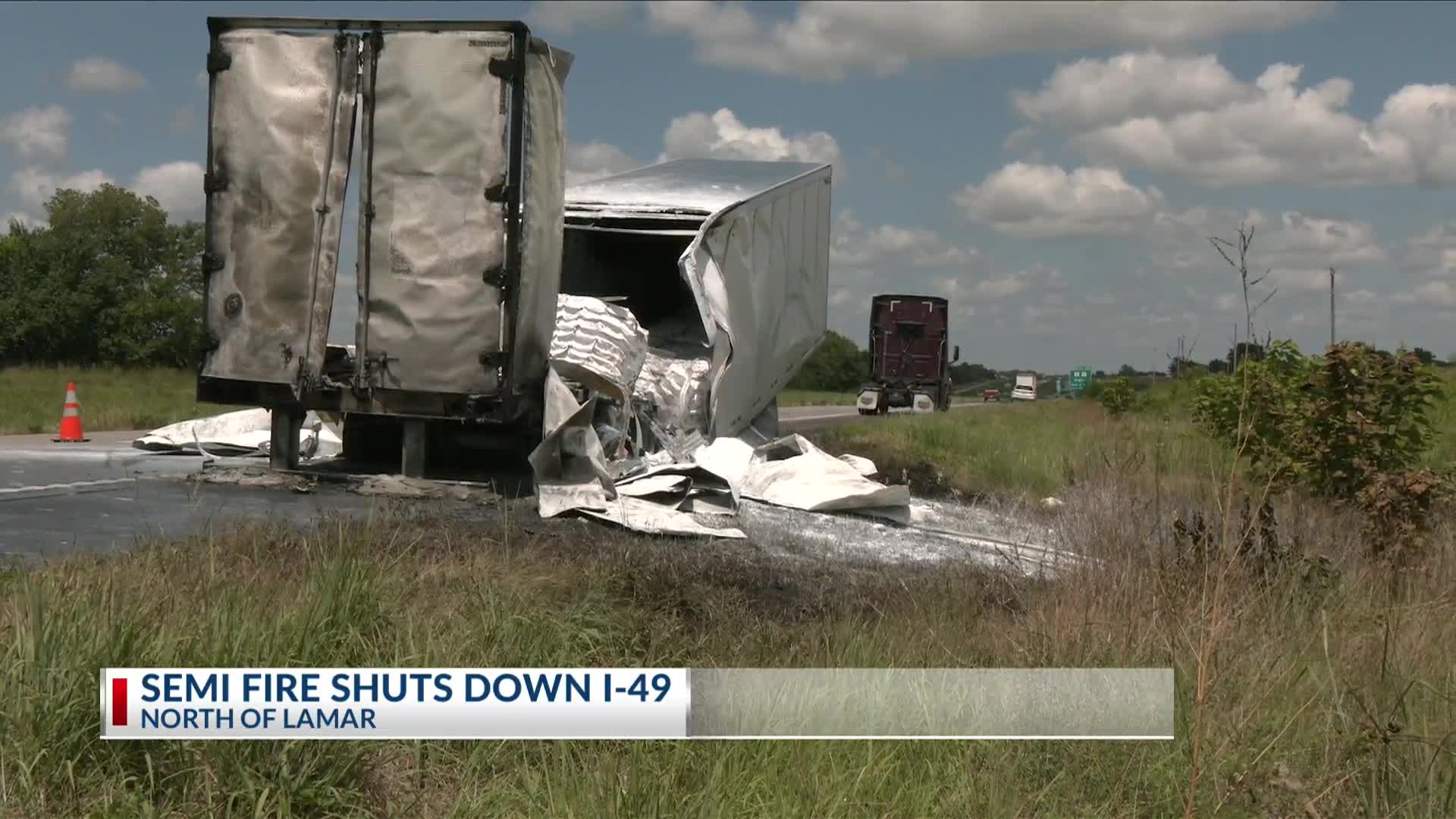 Tractor-trailer carrying hazardous material catches fire on NB I-49 in ...