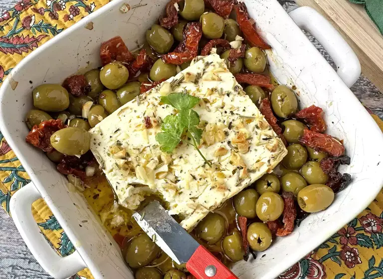 Baked feta with dried tomatoes and olives, Mediterranean style