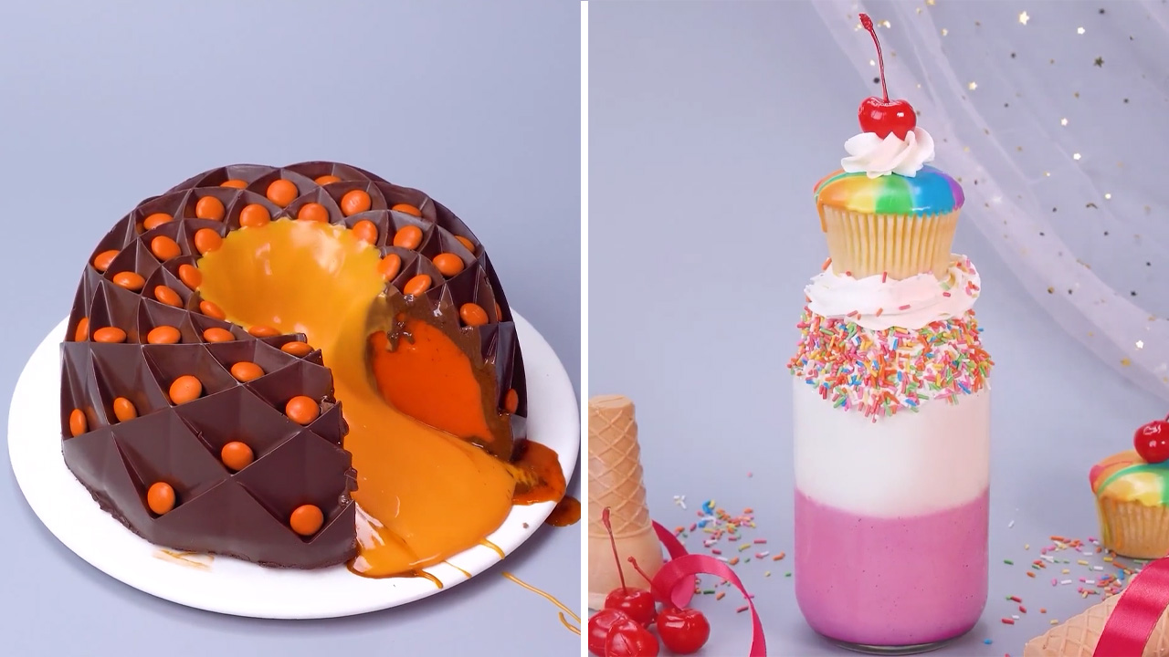 Chocolate Cake with Caramel Filling and Rainbow Cupcake Milkshake ...