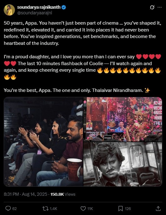 Rajinikanth's daughter Soundarya celebrates his 50 years in films with ...