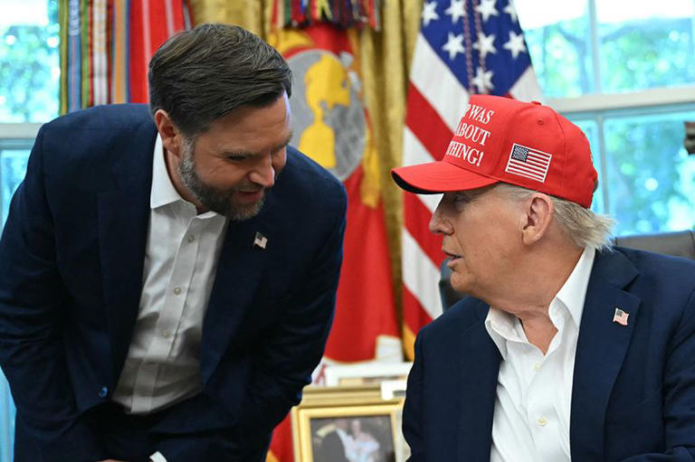 Donald Trump caught on hot mic whispering with JD Vance ahead of mystery Oval Office ...