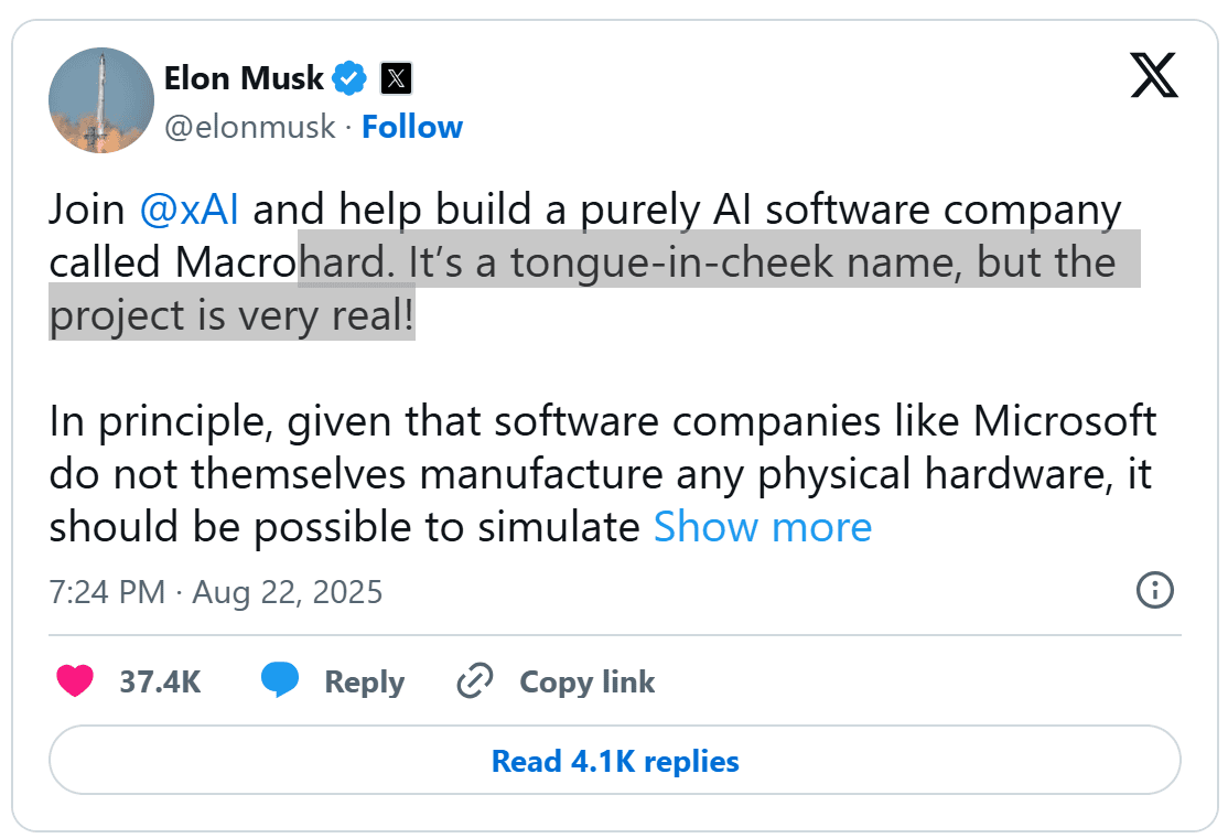 目標建構純 AI 軟件公司 Elon Musk 正式宣布創立 Macrohard 挑戰微軟