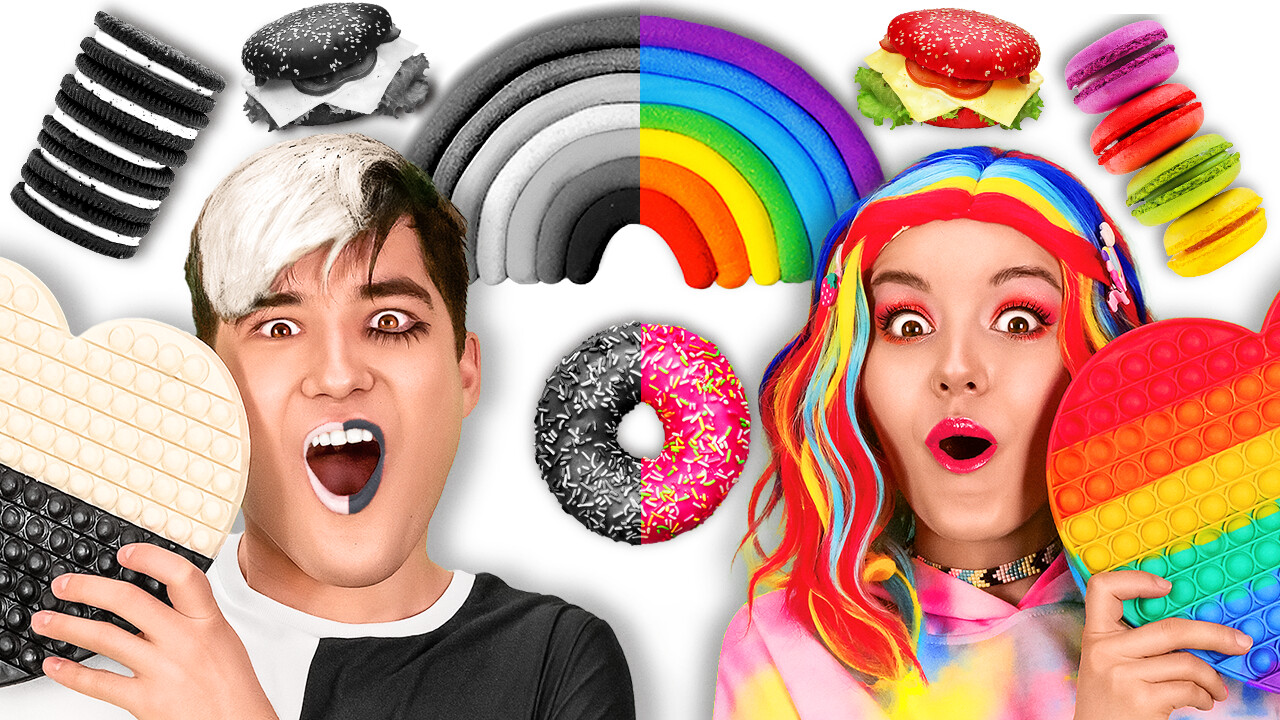 Rainbow Food Vs White And Black Food || Eating Food Only In 1 Color For ...