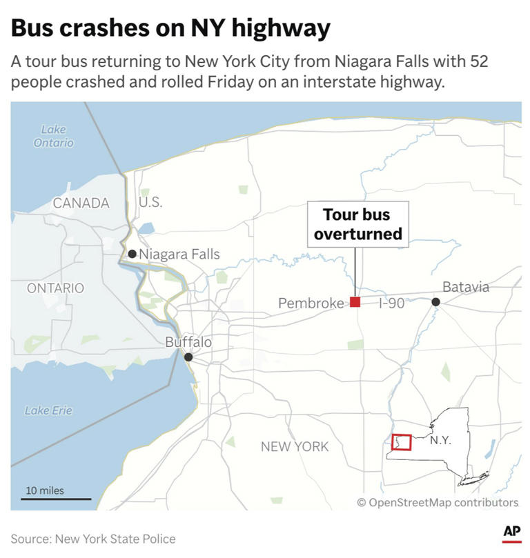 Tour bus rollover kills 5 on interstate highway in western New York