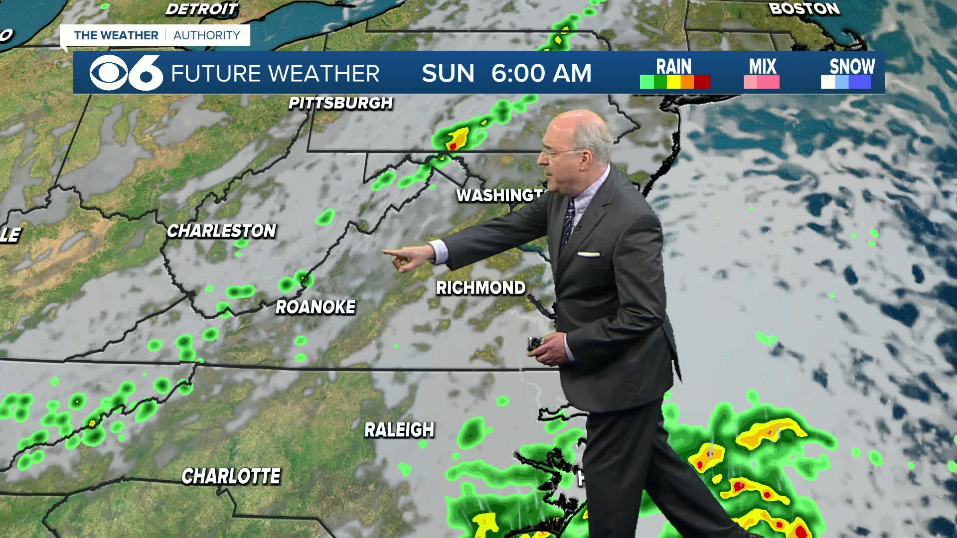 Updated hour-by-hour look at storm chances in Virginia for Sunday
