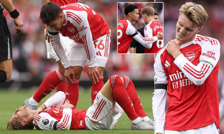 Arsenal dealt injury scare as Martin Odegaard is forced off in the first half against Leeds United