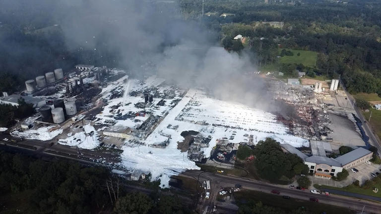 Mandatory evacuation still in place as plant explosion continues to burn