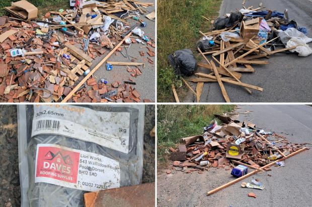 Large amount of waste which includes a bag of nails dumped on country road