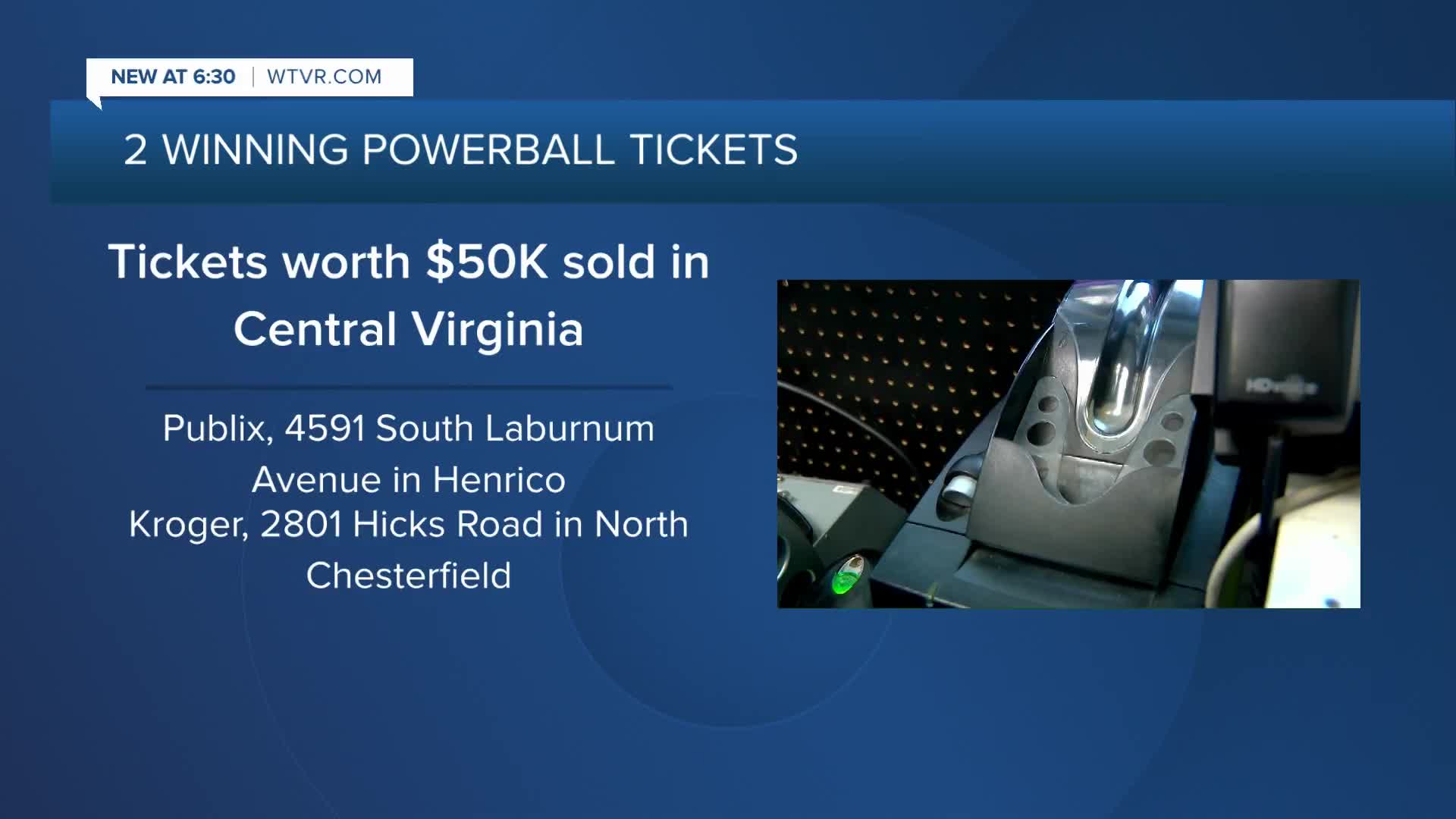 2 Powerball tickets worth $50,000 sold at Central Virginia grocery stores