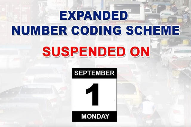MMDA: Number coding suspended on Monday, Sept. 1