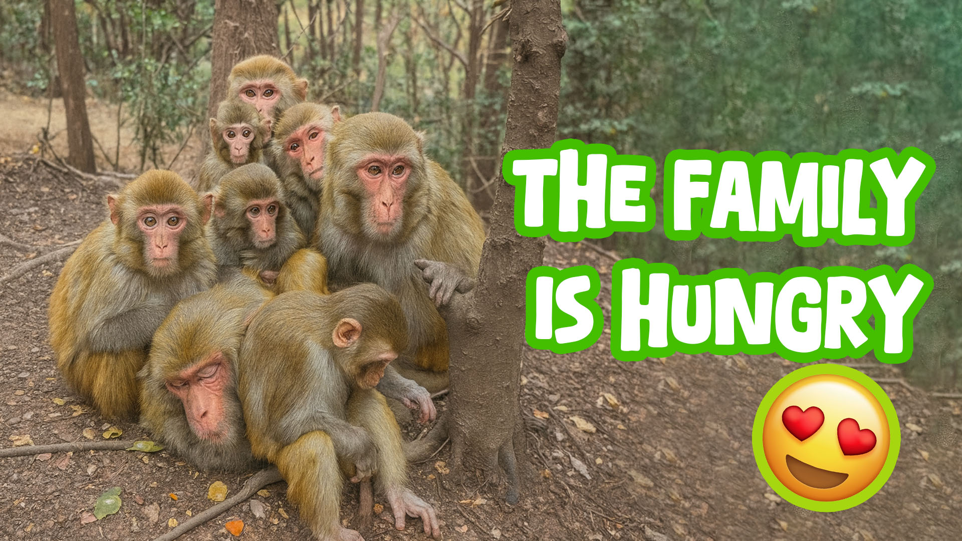 Hungry Monkey Family Searching for Food