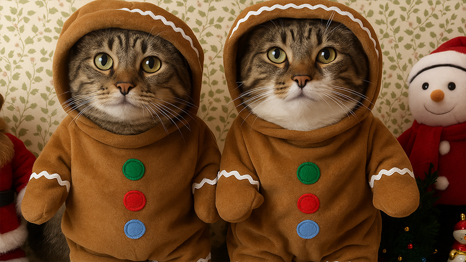 Cats Dressed as Gingerbread Characters
