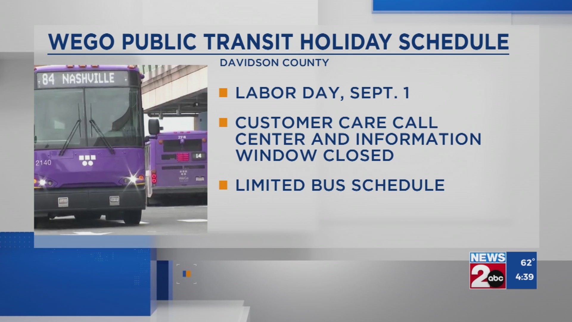 Labor Day schedule for WeGo Public Transit