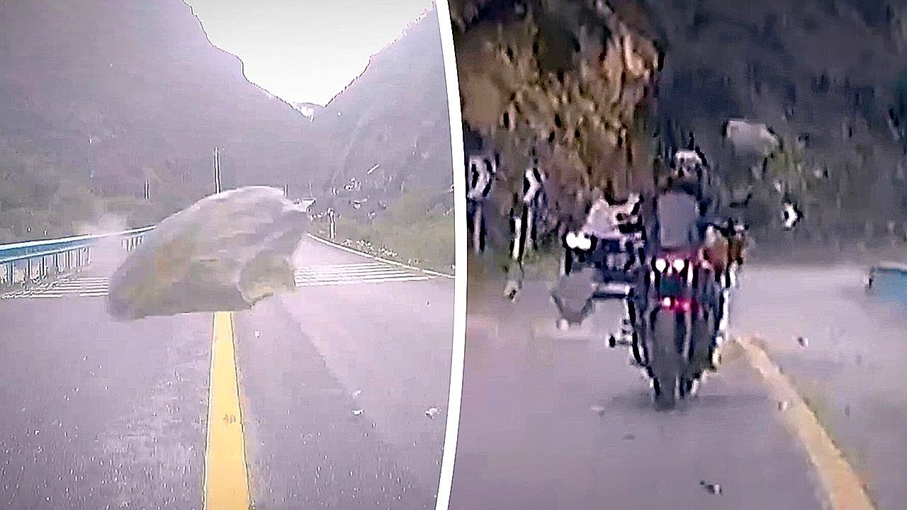 Motorcyclists power through as rockfall showers road in China with rain ...