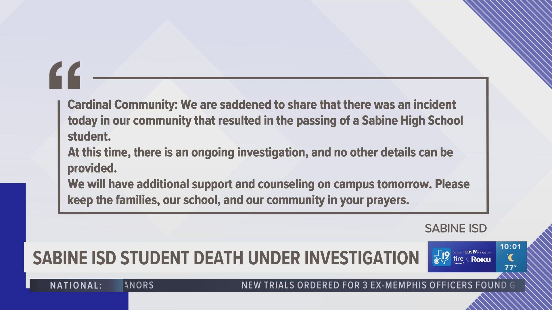 Sabine ISD mourns death of high school student