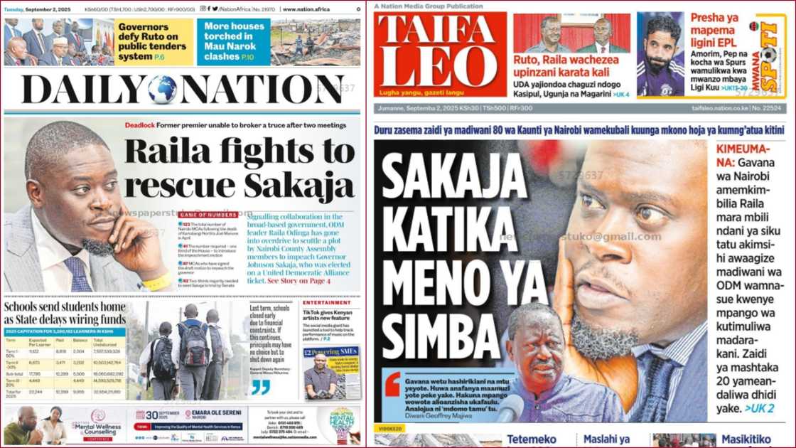 Kenyan newspapers, September 2: Raila Odinga intervenes to save Johnson ...