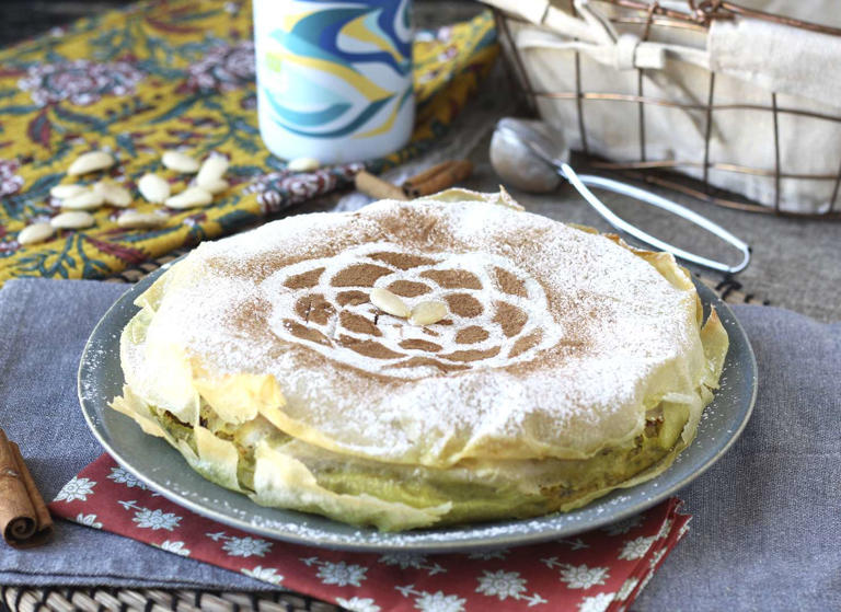 Traditional Moroccan pastilla with phyllo dough, chicken and spices