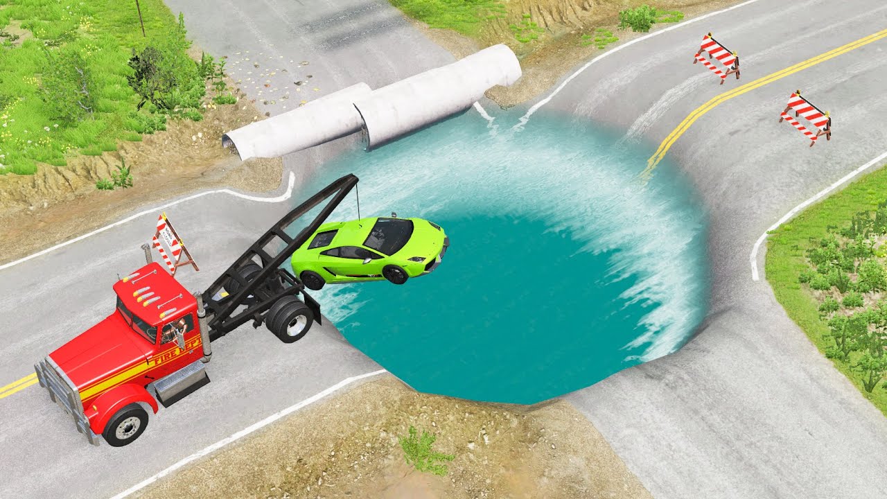 Cars vs Giant Pit with Fast-Flowing Water & Massive Crash | BeamNG.drive