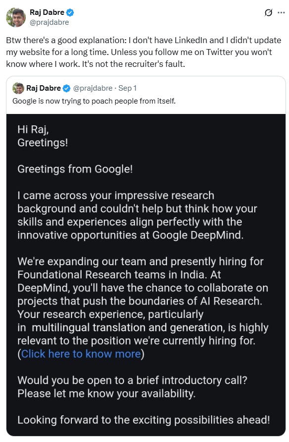 Google scientist Raj Dabre says Google tried to poach him from itself ...