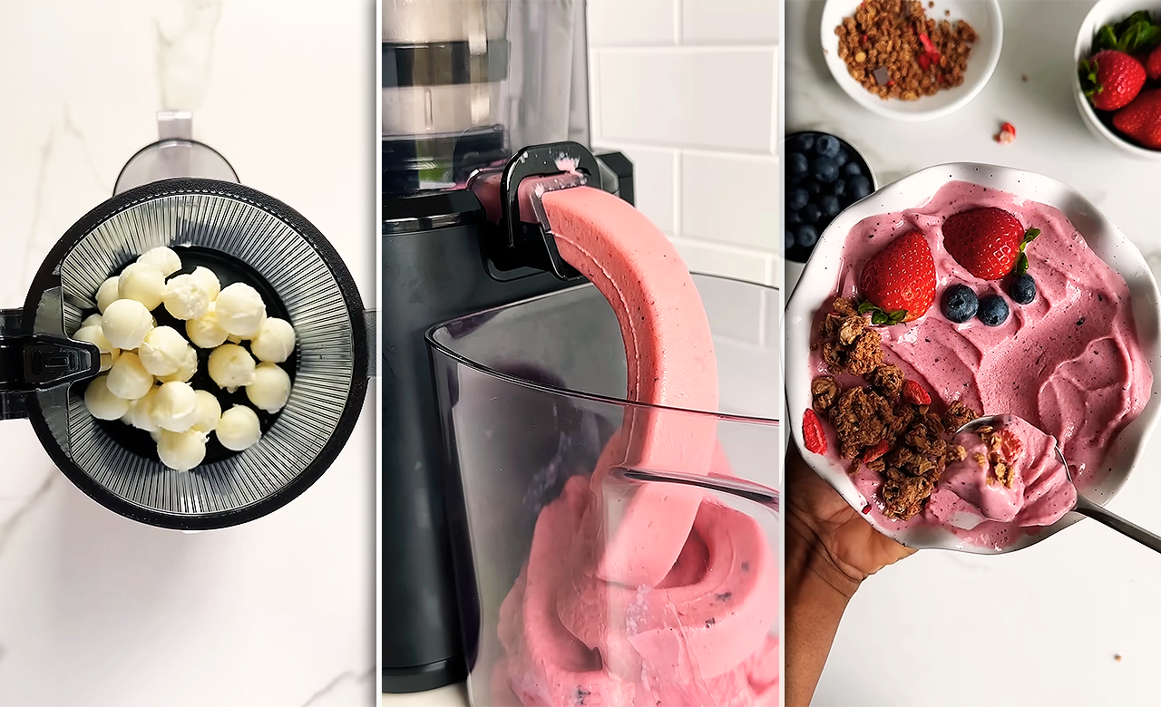 Enjoy the ASMR of making strawberry sorbet