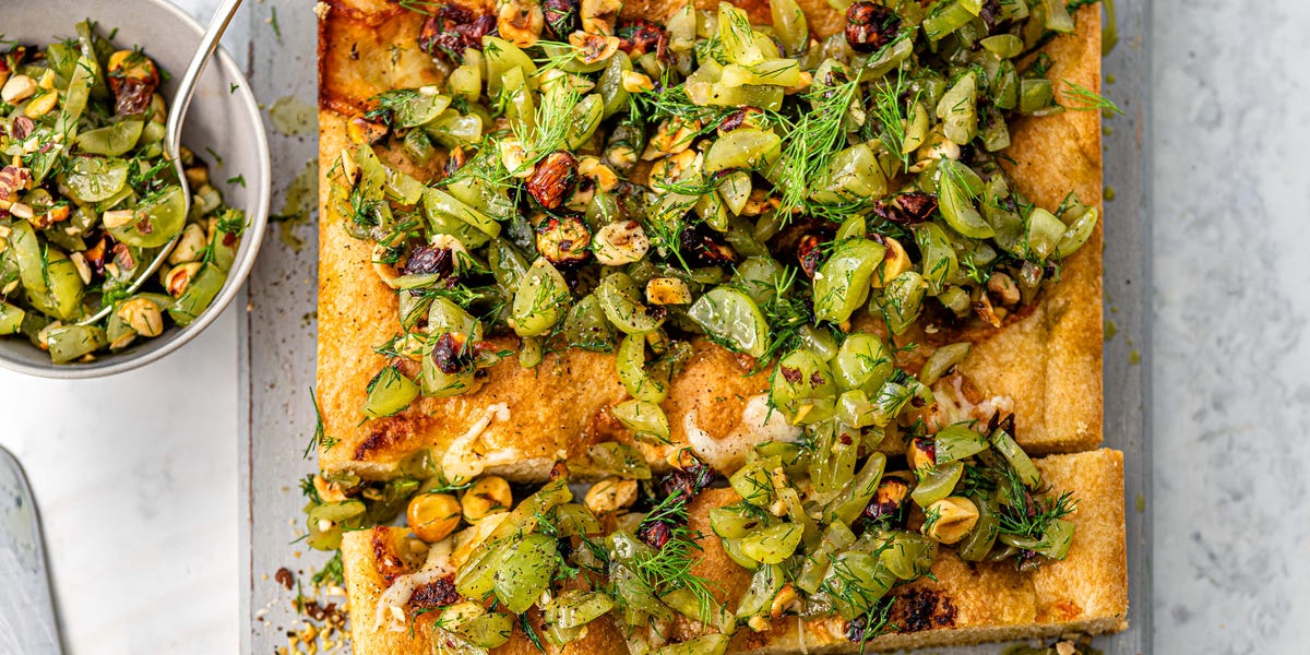 Garlicky taleggio focaccia with grape, hazelnut and dill gremolata recipe