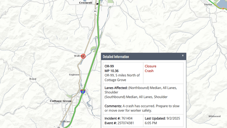 Crash closes Oregon Highway 99 between Creswell and Cottage Grove at ...
