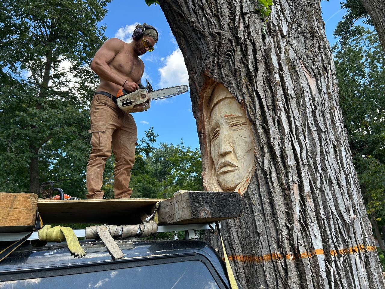 Felled trees get new life as wood sculptures in Montreal's La Fontaine Park