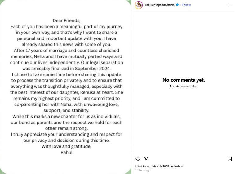 Marathi singer Rahul Deshpande announces separation from wife Neha ...