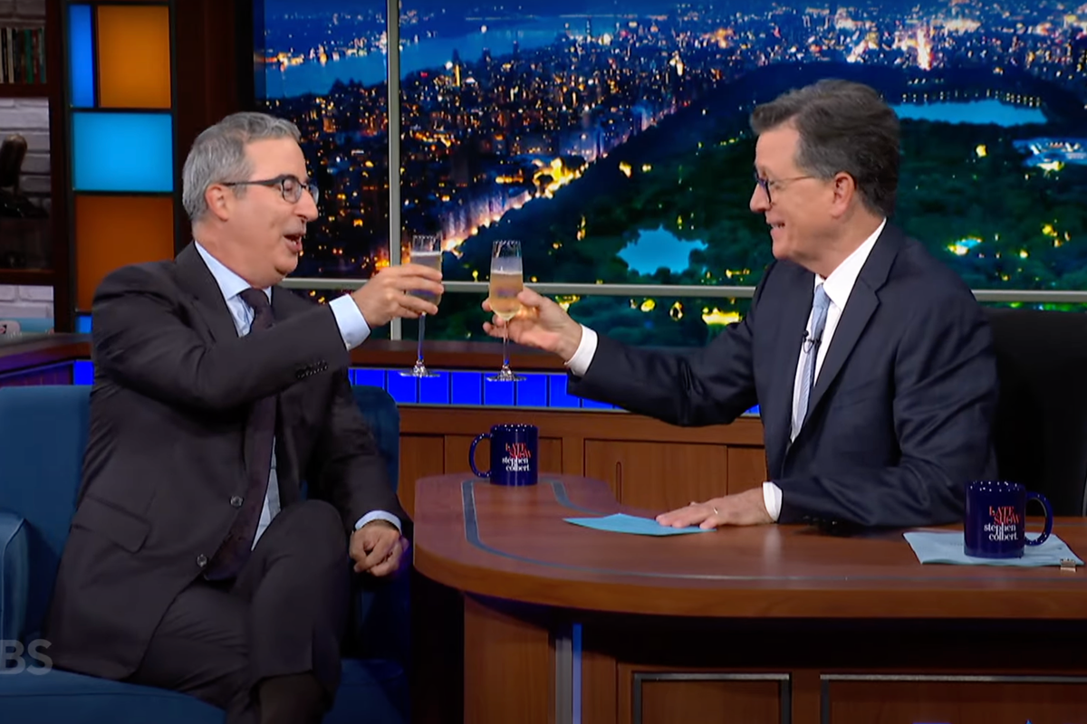 Stephen Colbert and John Oliver toast late-night shows ‘while supplies ...
