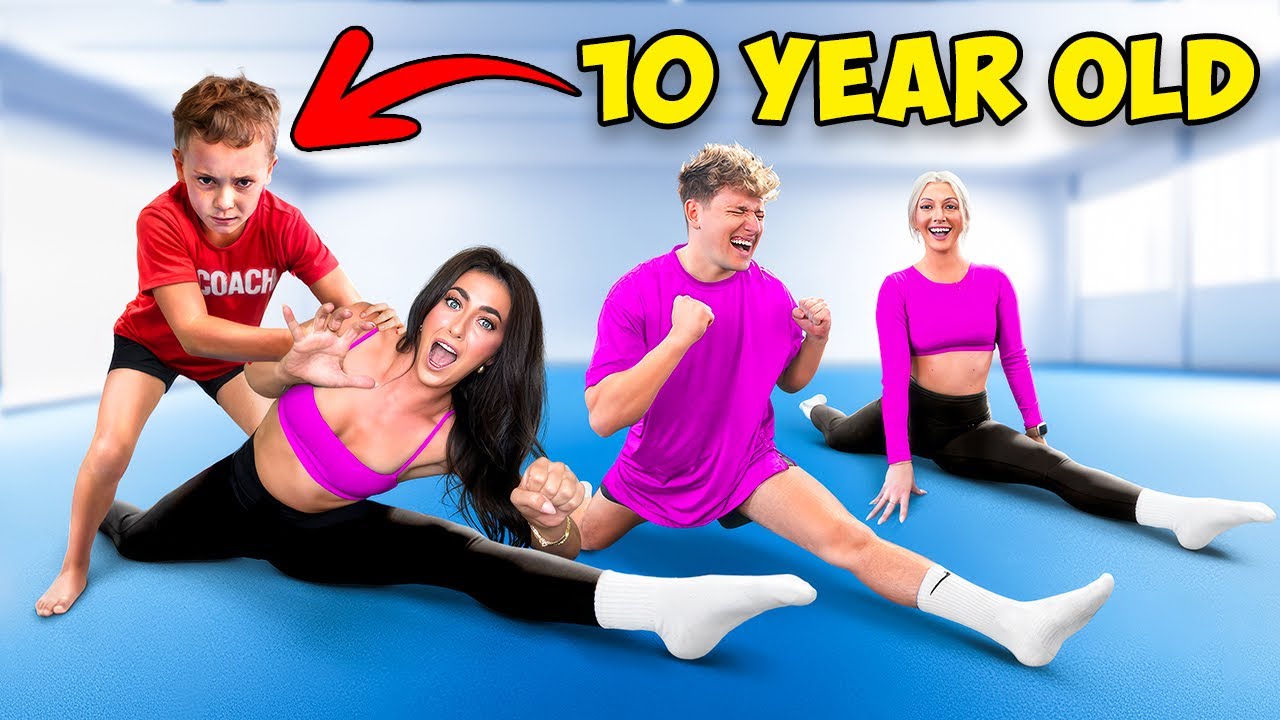 Grown acrobat struggles to survive a grueling workout from a child coach