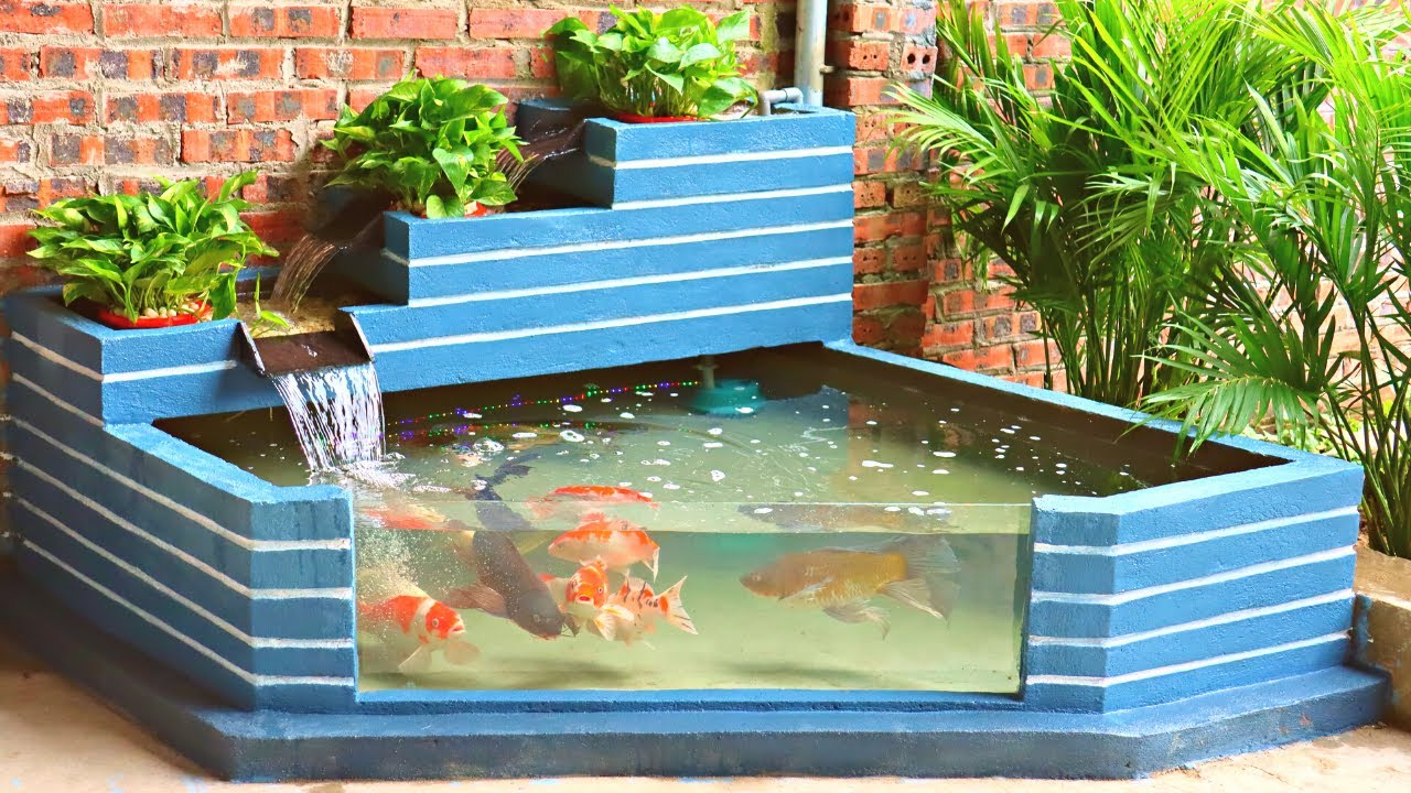 Build an amazing 3-floor outdoor waterfall aquarium