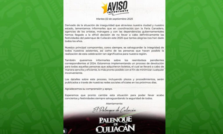 Cancelan Palenque de Culiacán 2025 por grave situación de violencia