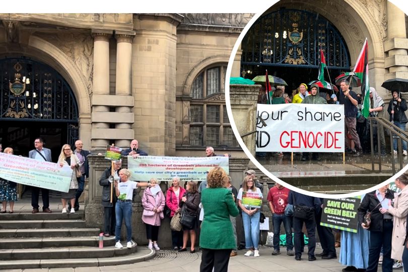 Councillors face two angry mobs of protestors outside town hall