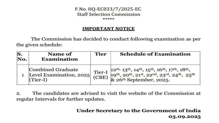 SSC CGL Exam Date 2025 OUT: Tier 1 Starts Sept 12, Check Admit Card ...