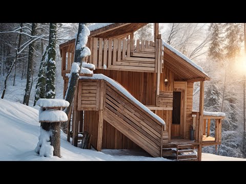 Construction of a warm two-story House from Pallets in the Forest